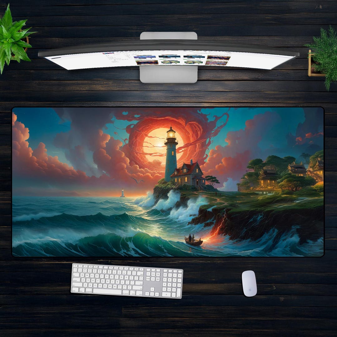 Fantasy Lighthouse XXL Desk Mat – Ocean Wave Gaming Mouse Pad, Dreamy ...