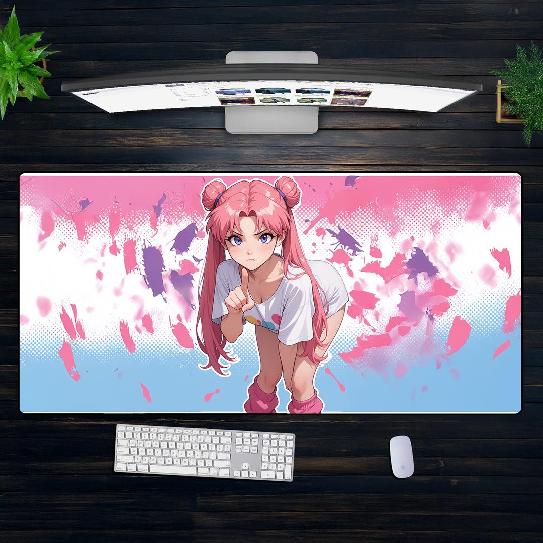 Pink Anime Girl Desk Mat XXL – Kawaii Mouse Pad With Sassy Twin Bun ...