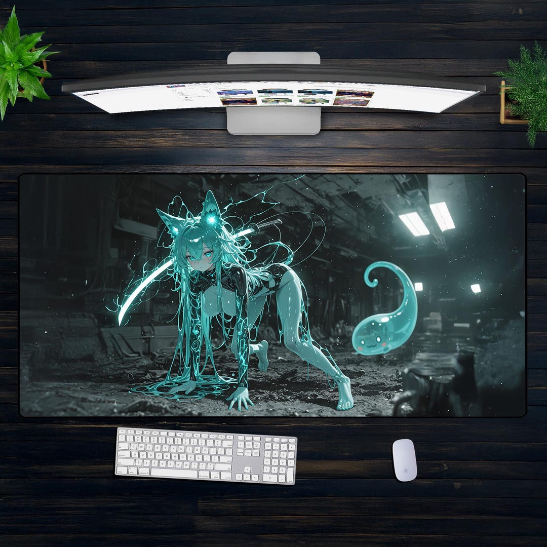 Glowing Slime Girl XXL Desk Mat – Alien Catgirl Anime Mouse Pad, Cyber ...