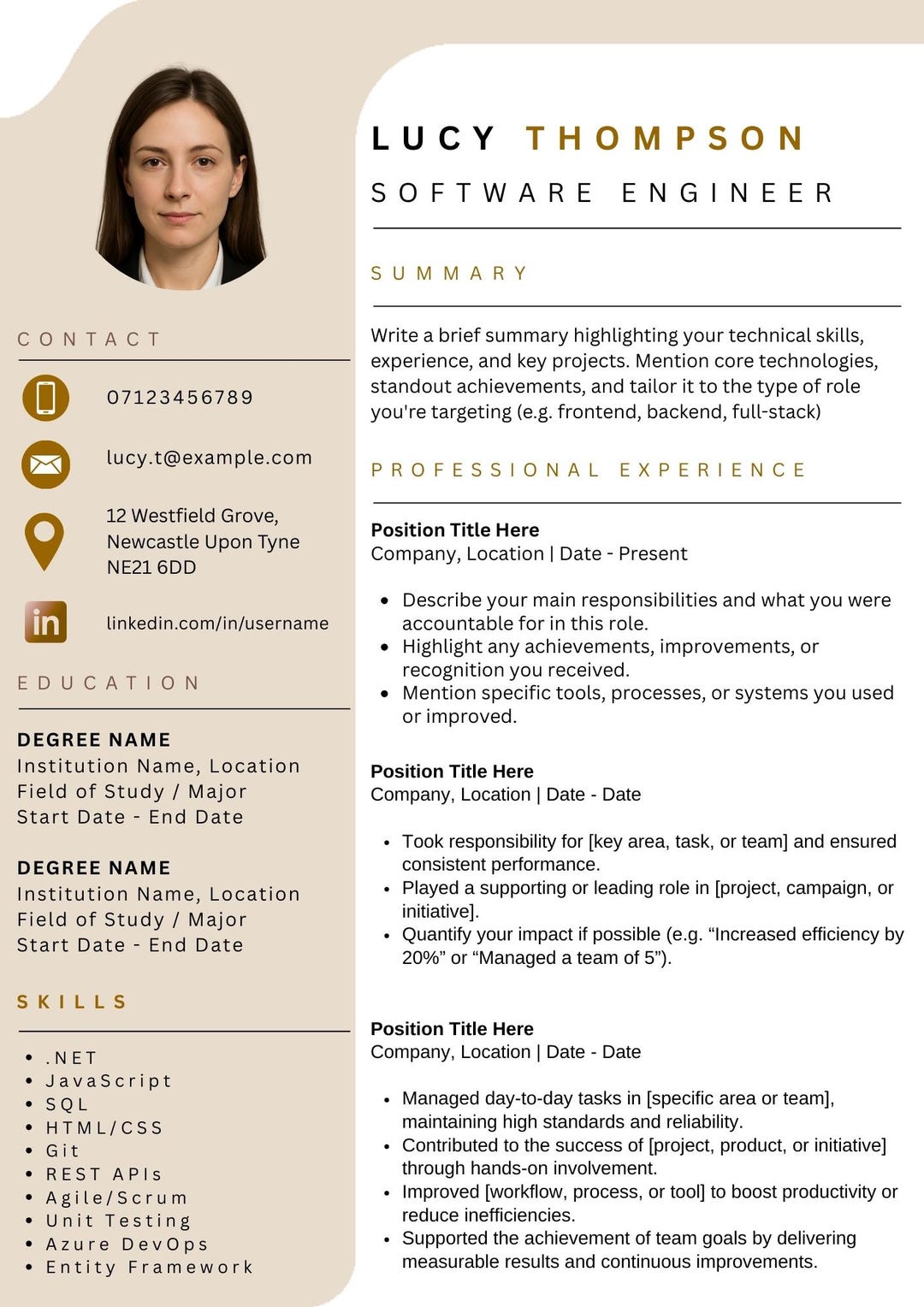 Modern Beige CV Template With Photo, Professional CV Design Template ...