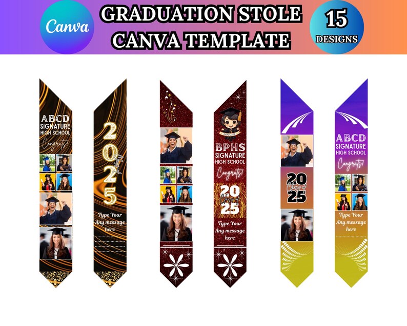 15 Graduation Stole Canva Editable Template Bundle, Graduation Sash ...