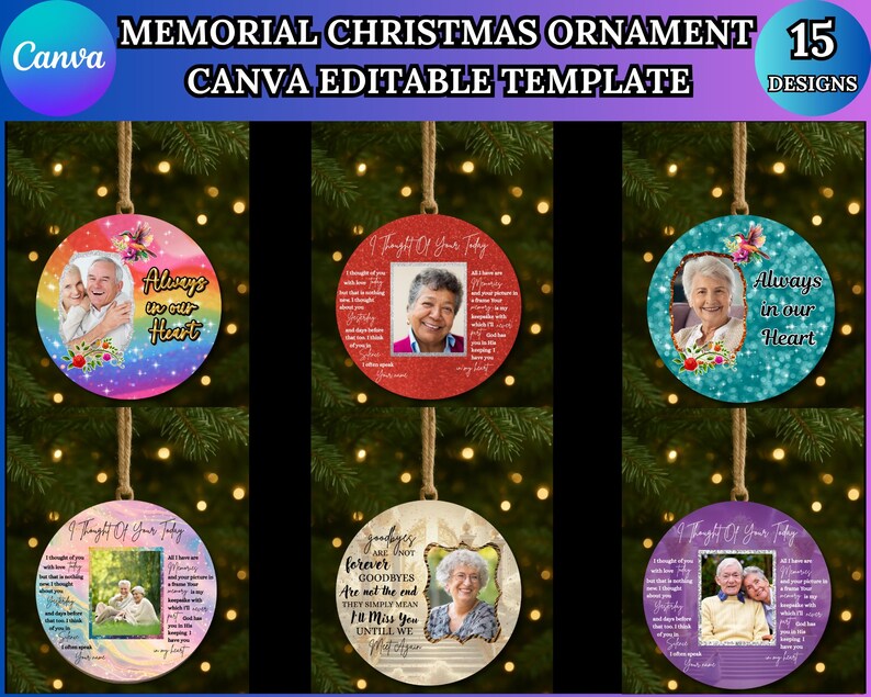Memorial Christmas Ornament Bundle CANVA TEMPLATE, 15 Designs, Round ...