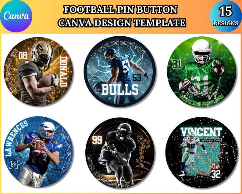 Football Pin Button Canva Template, Editable Game Day Buttons, Custom ...
