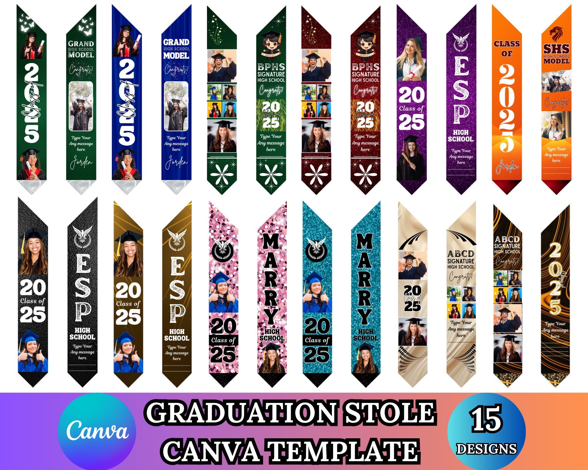 15 Graduation Stole Canva Editable Template Bundle, Graduation Sash ...