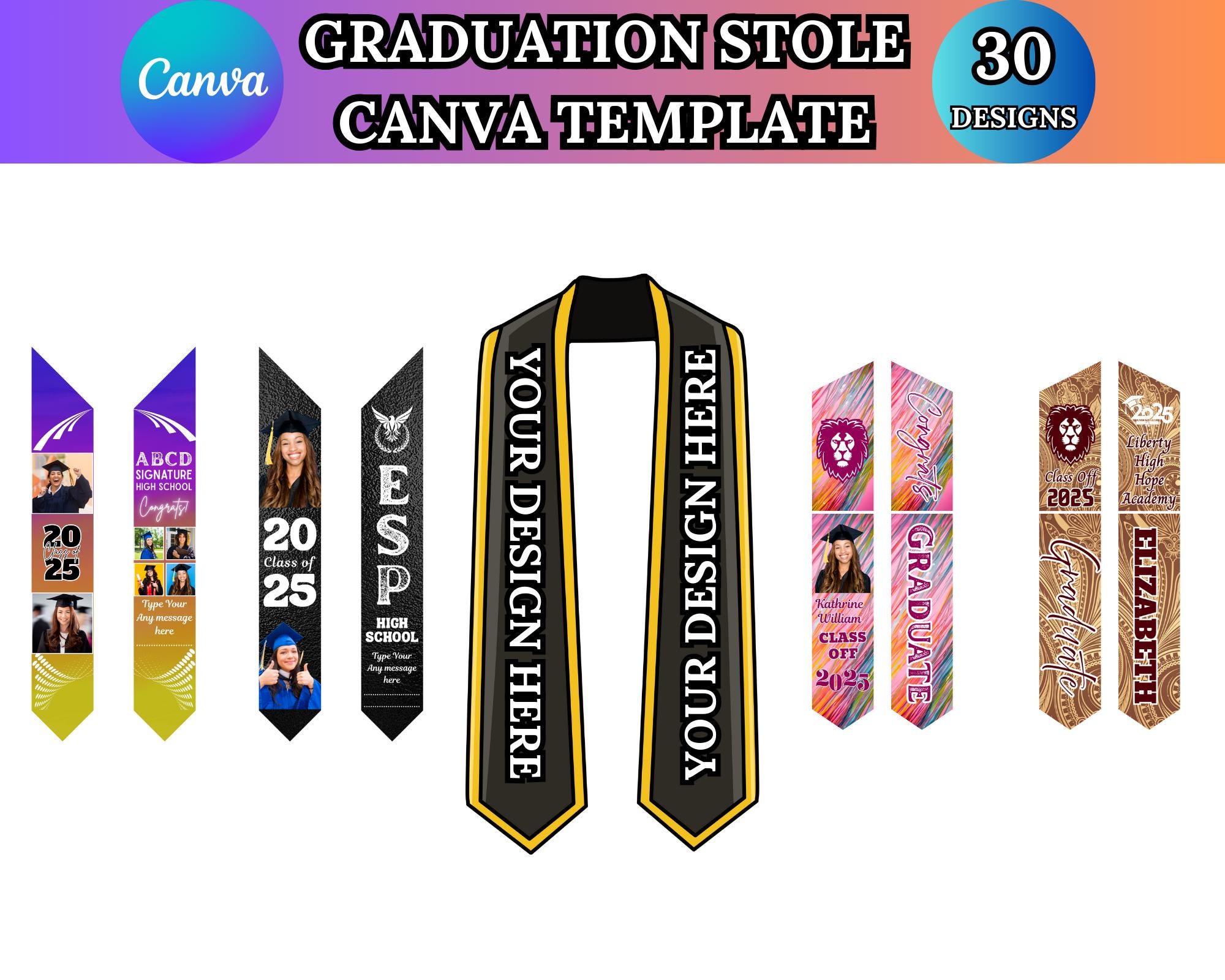30 Graduation Stole Canva Editable Template Bundle, Graduation Sash ...