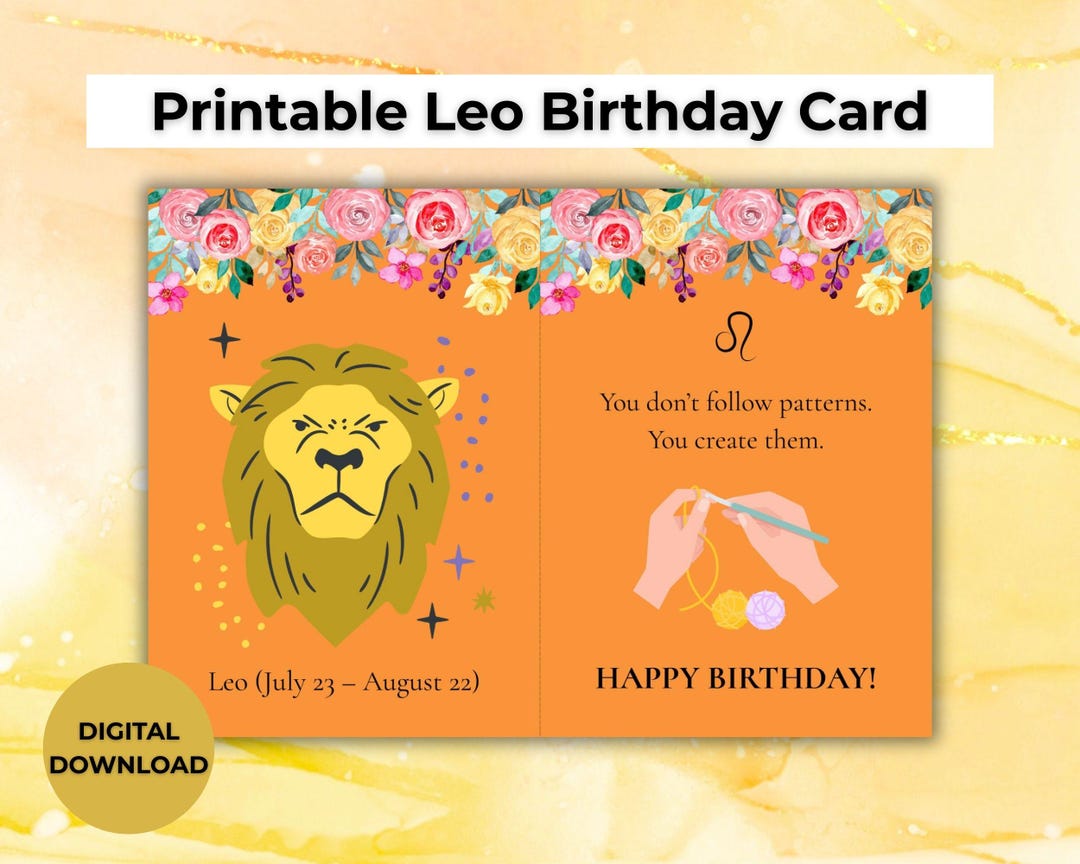 Leo Birthday Card Printable | Zodiac Crochet Card | Digital 5x7 ...
