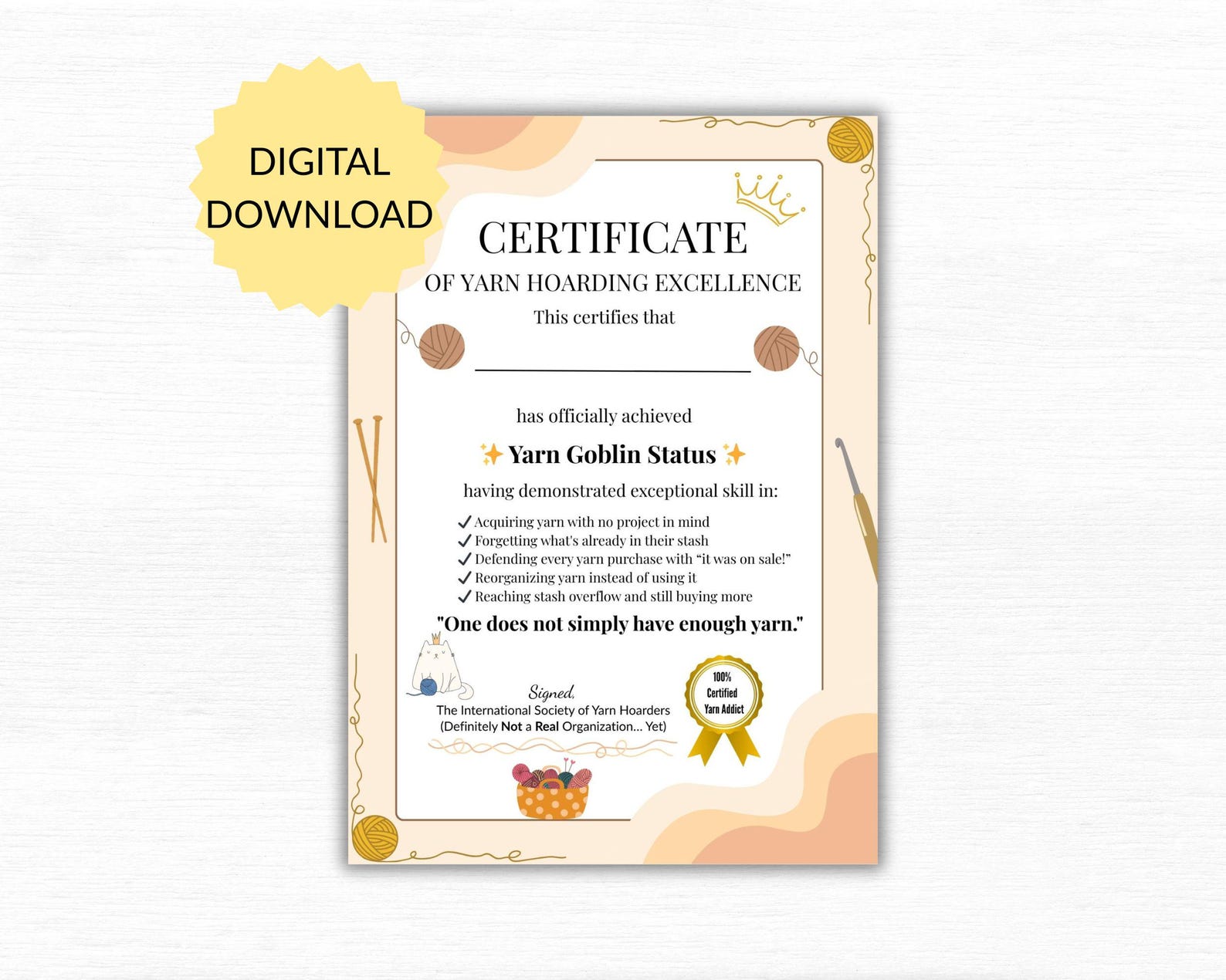 Yarn Goblin Certificate – Funny Printable Gift for Knitters ...