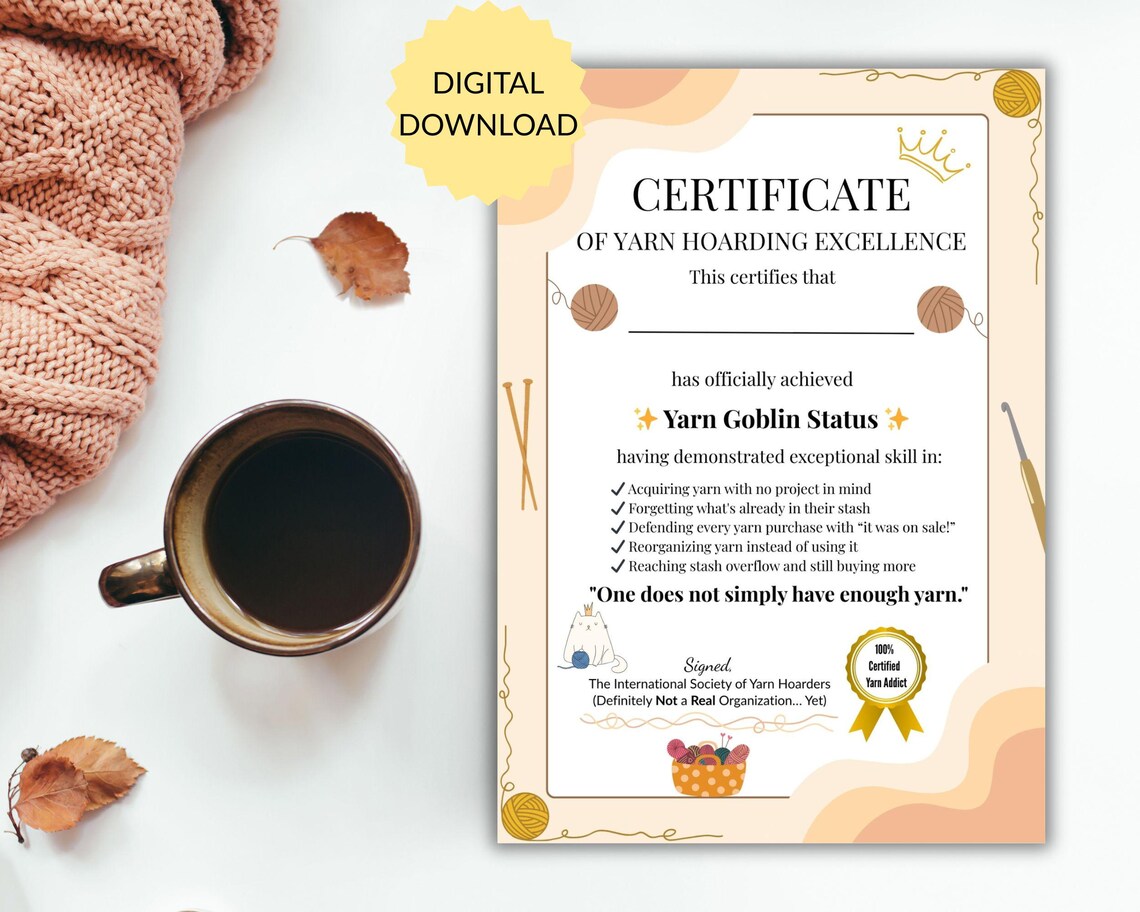 Yarn Goblin Certificate – Funny Printable Gift for Knitters ...