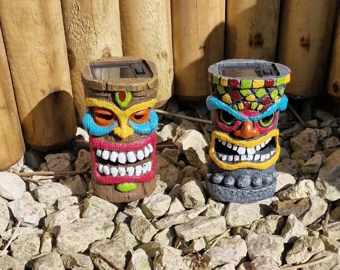 Tiki Man Statues , Solar Powered Light Hand Painted Colourful Tiki Bar ...