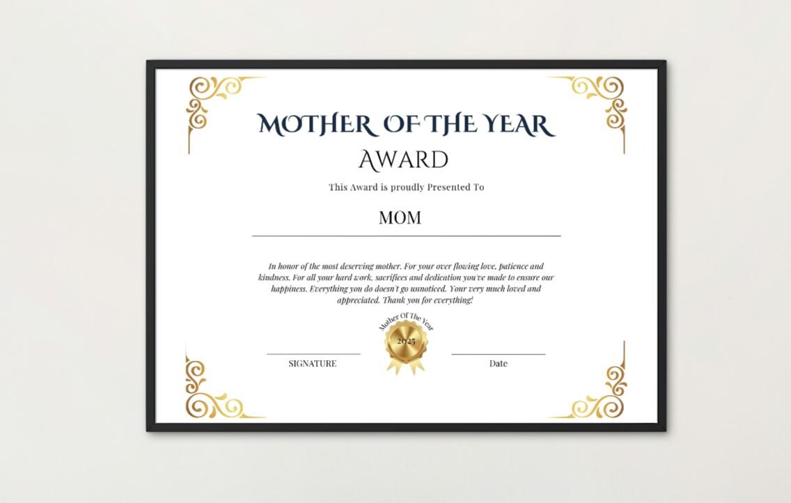 Printable Mother of the Year Award. Great for Mother's Day, Birthday or ...
