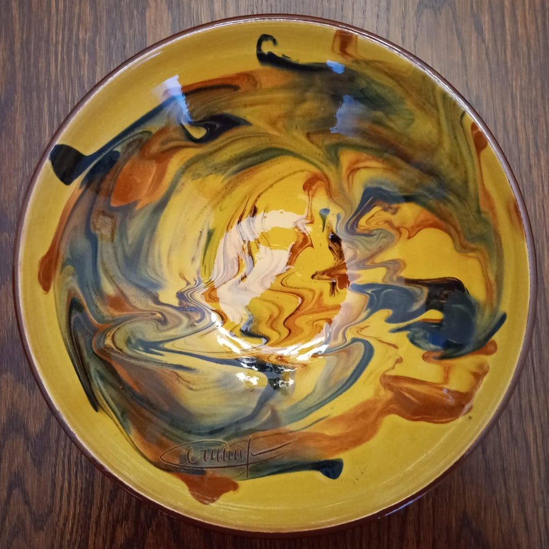 Vintage Signed REDWARE Pottery Bowl - Yellow With Red and Green Swirls ...