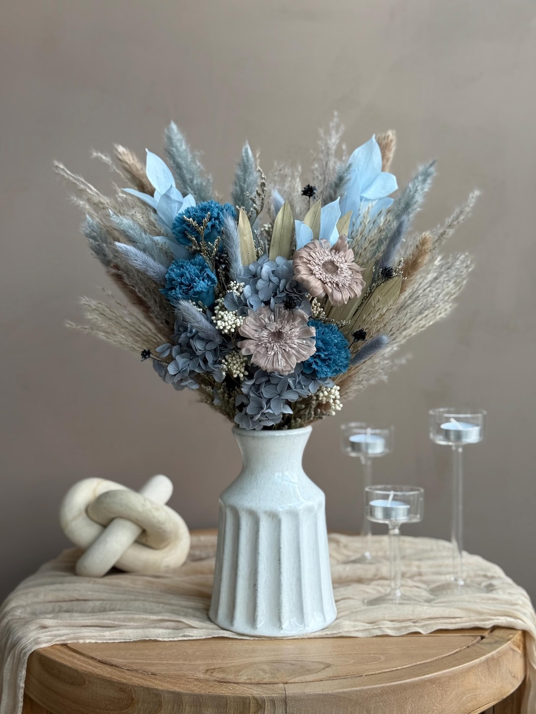 Dried Flower Bouquet: Dusty Blue & Beige Preserved Floral Arrangement ...