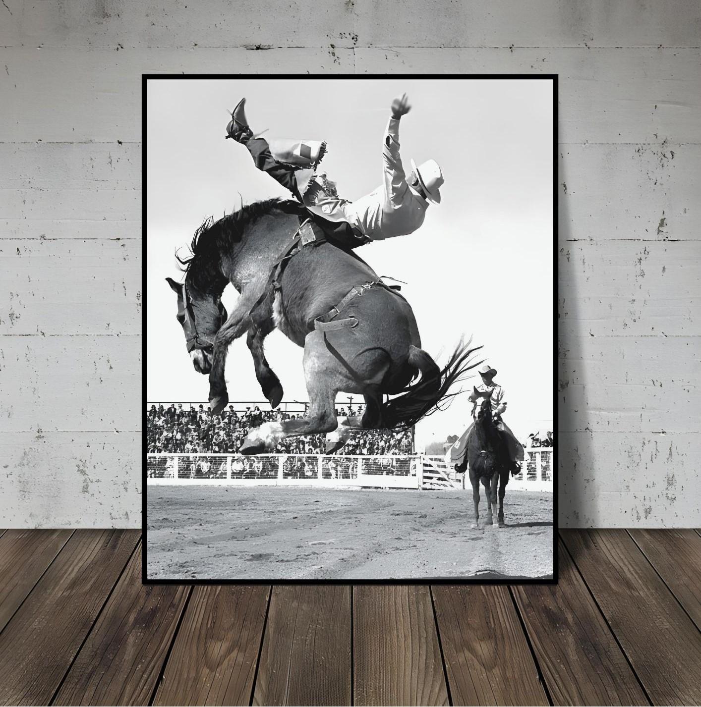 Vintage Rodeo Cowboy Arena Action: Black & White Western Art Digital ...