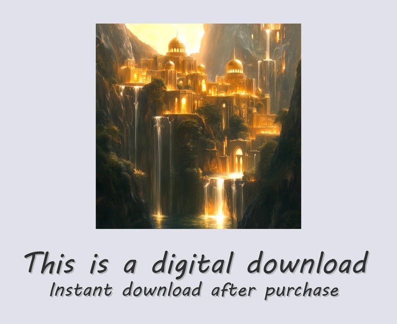 Elven Waterfall City - Fantasy Golden Landscape Wall Art | AI Digital ...
