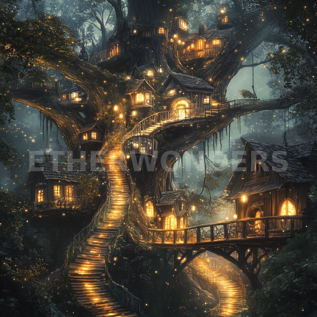 Stairway to the Stars — Treehouse Village Night Scene - Etsy