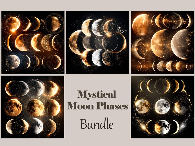 Golden Moon Phases Digital Set, 5 Jpg Celestial Backgrounds, Mystical ...