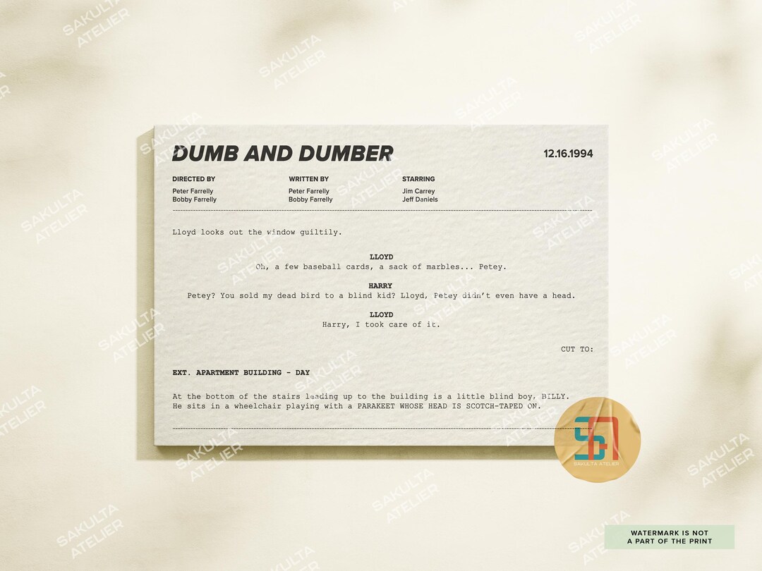Dumb and Dumber Screenplay Poster / Movie Quote Poster / Movie Script ...