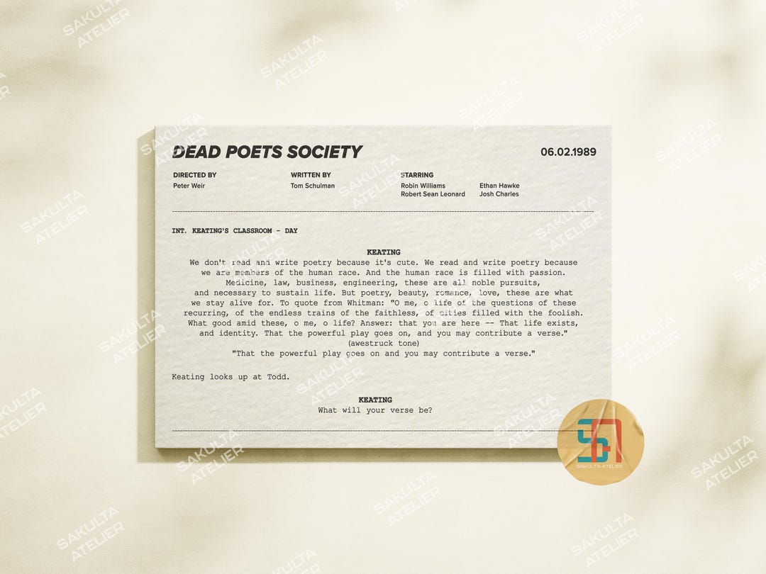 Dead Poets Society "verse" Screenplay Poster / Movie Quote Poster ...