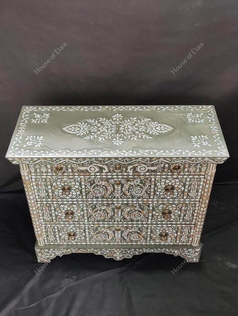Floral Bone Inlay Dresser: Mother of Pearl Chest of Drawers, Vintage ...