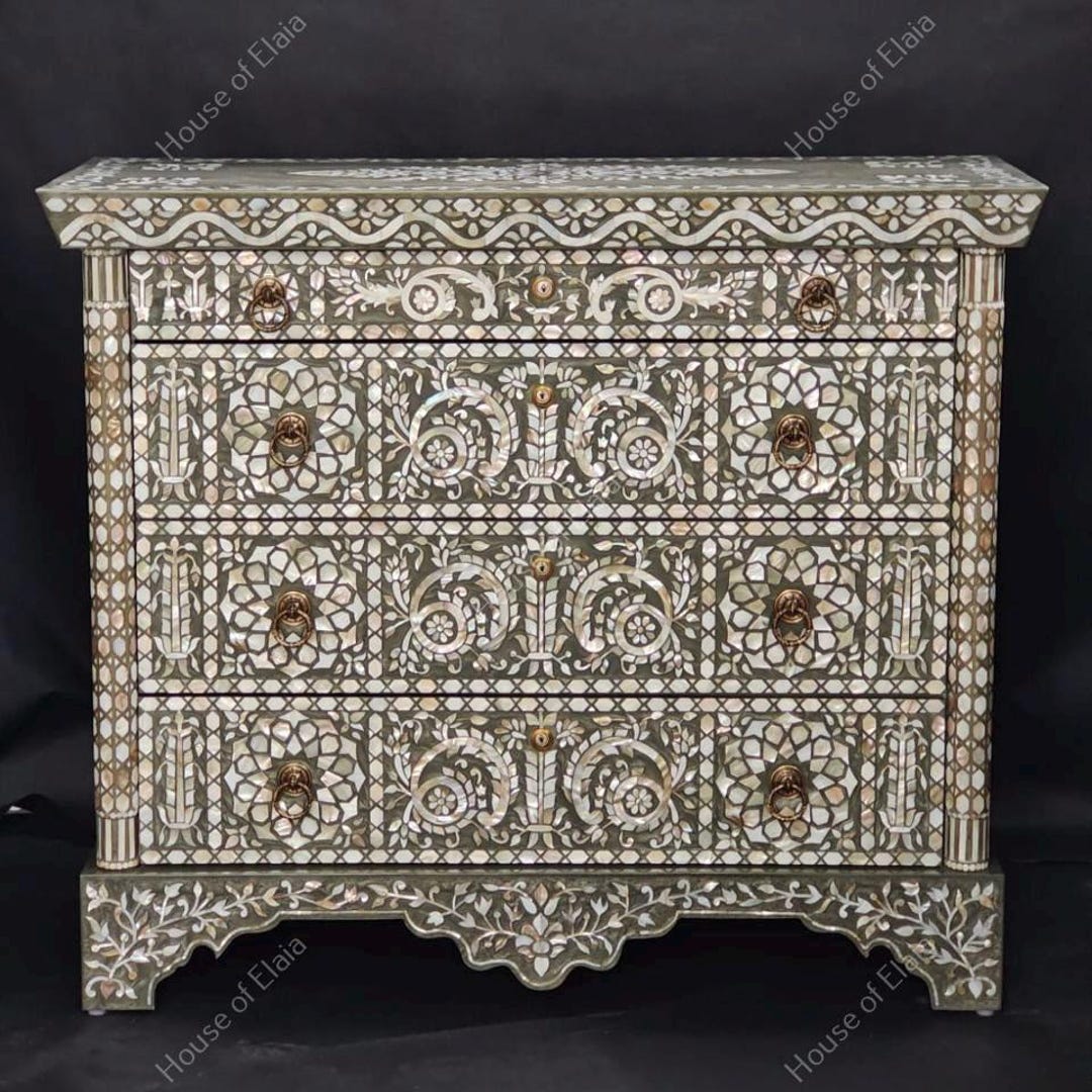 Floral Bone Inlay Dresser: Mother of Pearl Chest of Drawers, Vintage ...
