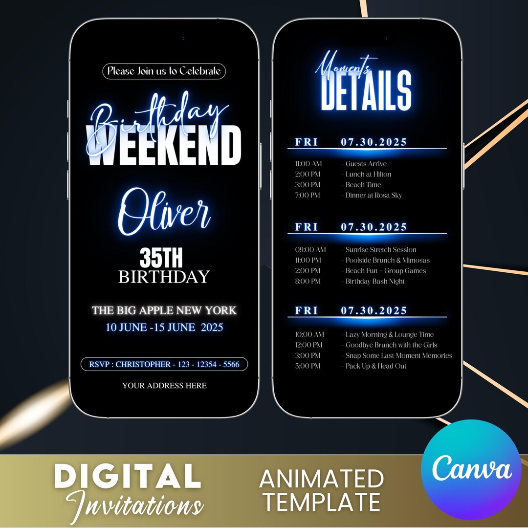 Men's Birthday Weekend Invitation: Animated Black & Blue Evite (canva ...