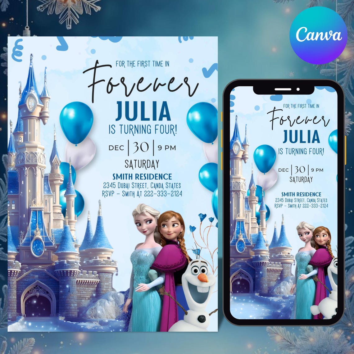 Frozen Birthday Invitation, Elsa and Anna, Winter Party (editable Canva ...