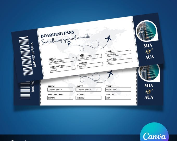 Editable Boarding Pass Template: Personalized Airline Ticket (canva ...