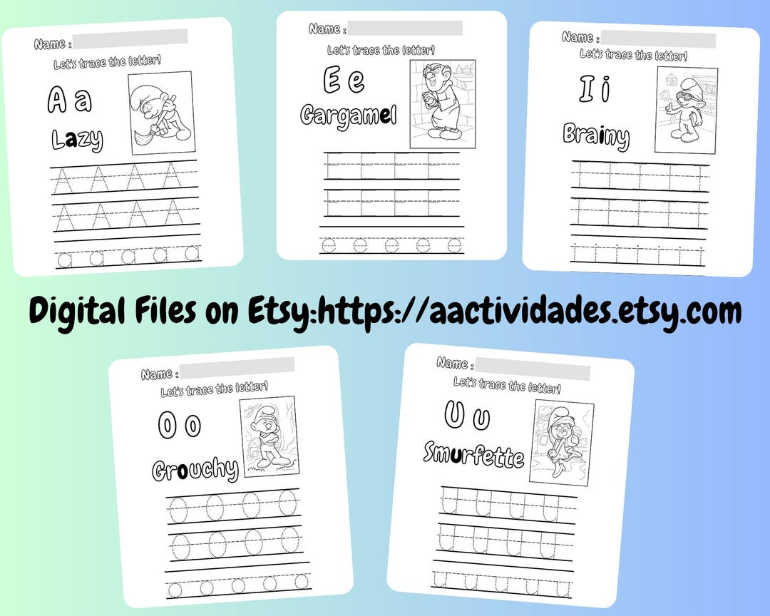 Smurfs Vowel Tracing|smurfs Letters|smurfs Coloring| Smurfs Letter ...