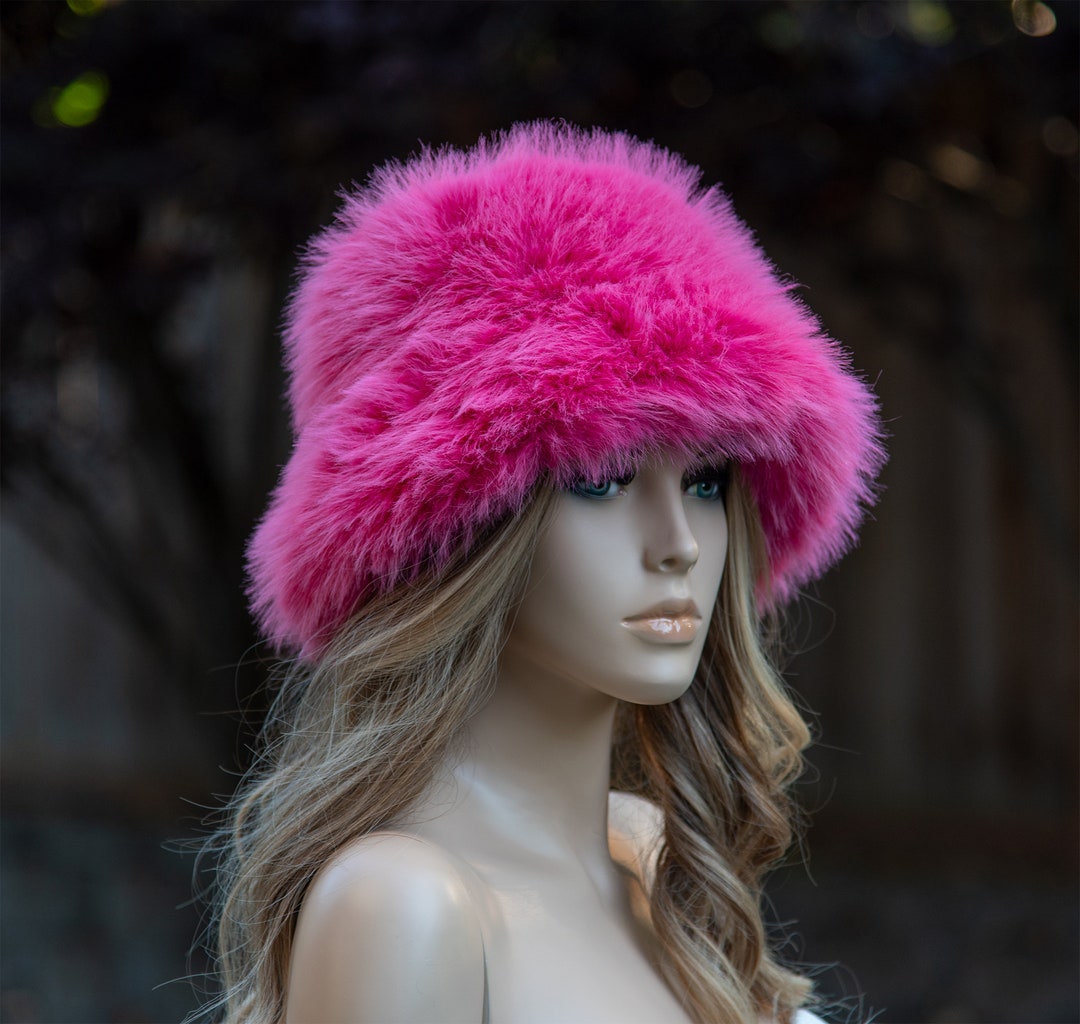 Hot Pink Handmade Faux Fur Bucket Hat, Fake Fur Hat, Fuzzy Hat, Fluffy ...