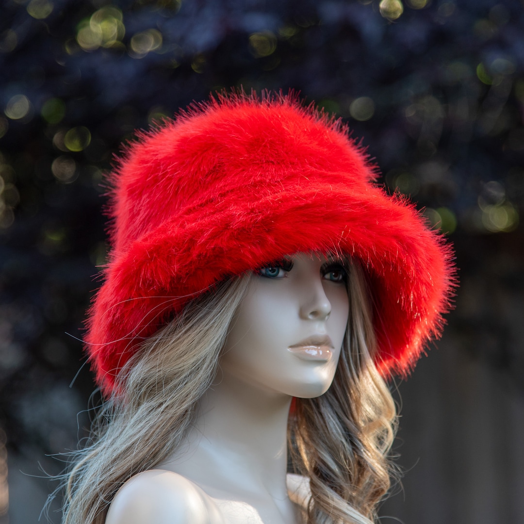 Red Handmade Faux Fur Bucket Hat, Fake Fur Hat, Fuzzy Hat, Fluffy Hat ...