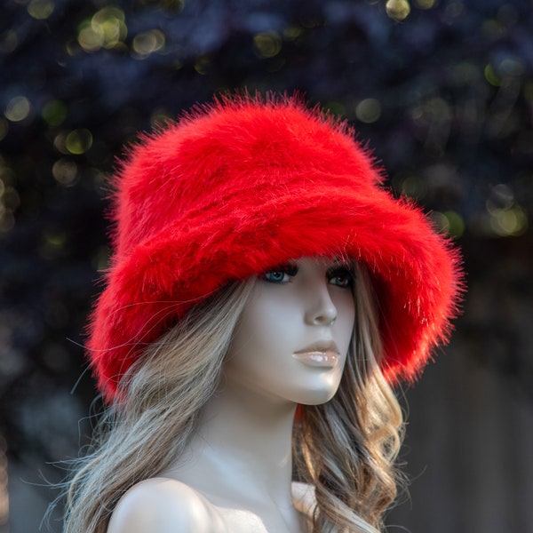 Fluffy Red Bucket Hat - Etsy