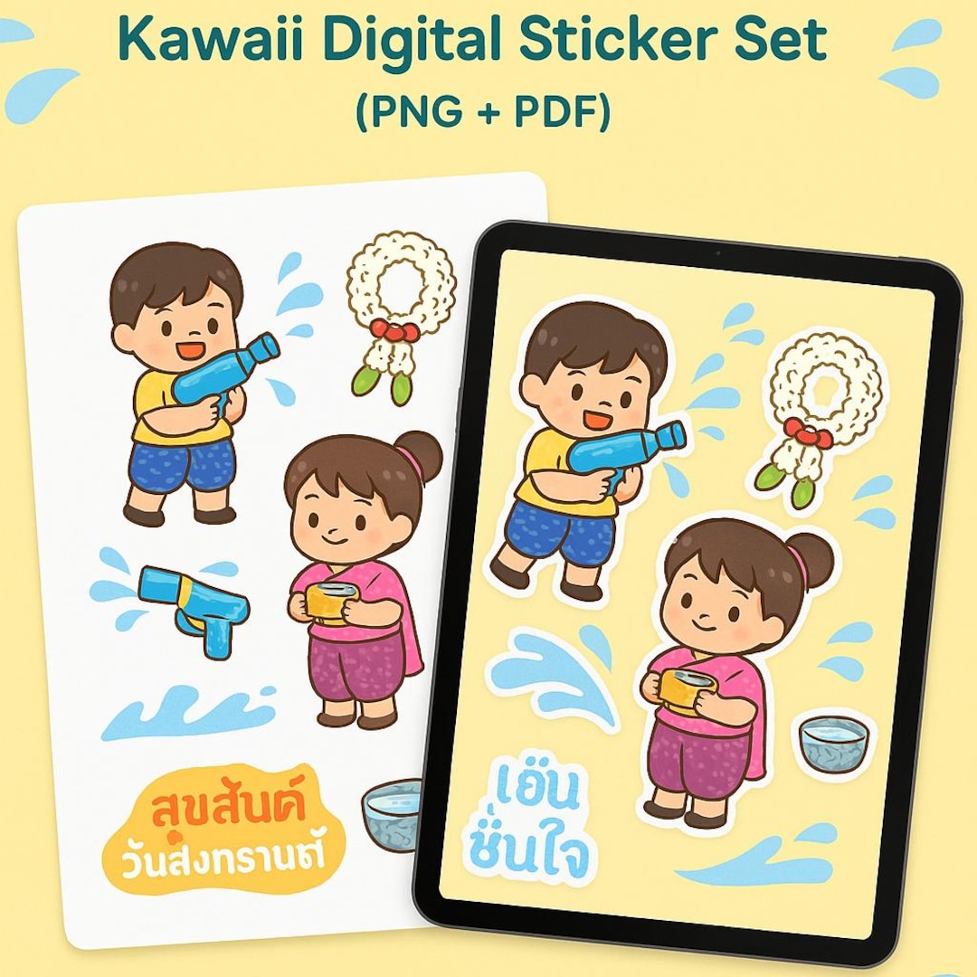 Songkran Digital Sticker Set – Cute Thai New Year PNG + PDF for ...