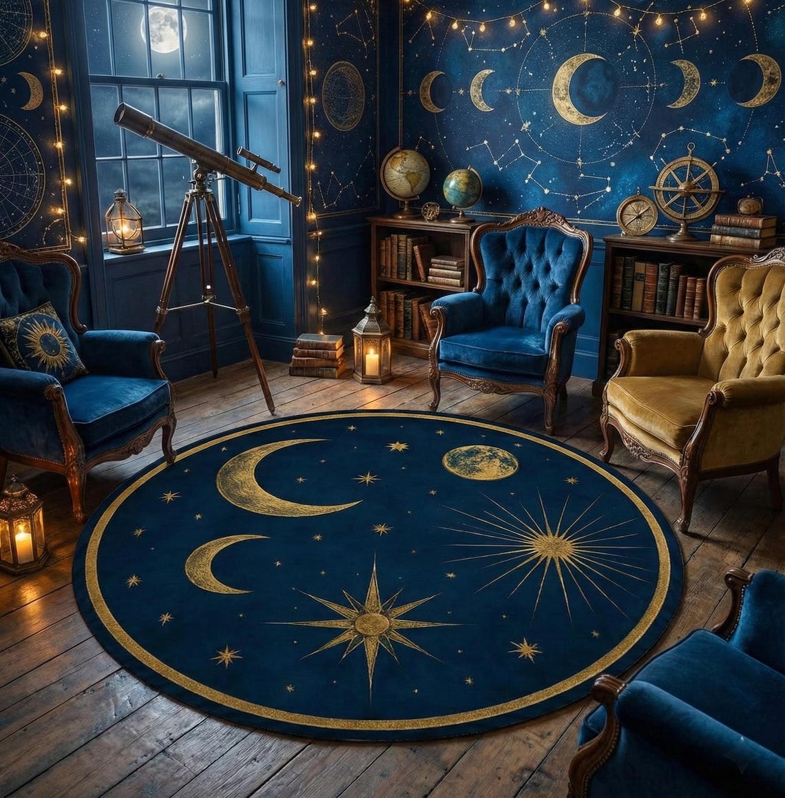 Celestial Round Rug Night Sky – Deep Blue & Gold Moon and Stars ...