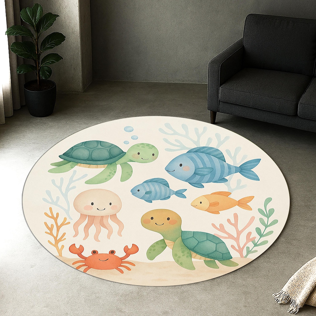 Ocean Friends Round Rug – Cute Sea Animals Kids Carpet – Turtle Fish ...