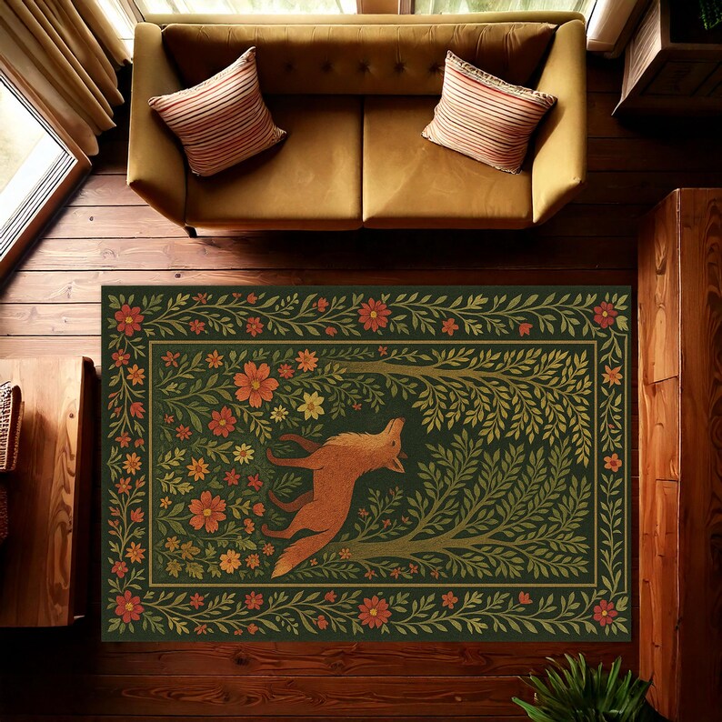 Boho Fox Woodland Rug, Whimsical Animal Forest Area Rug, Autumn Colors ...