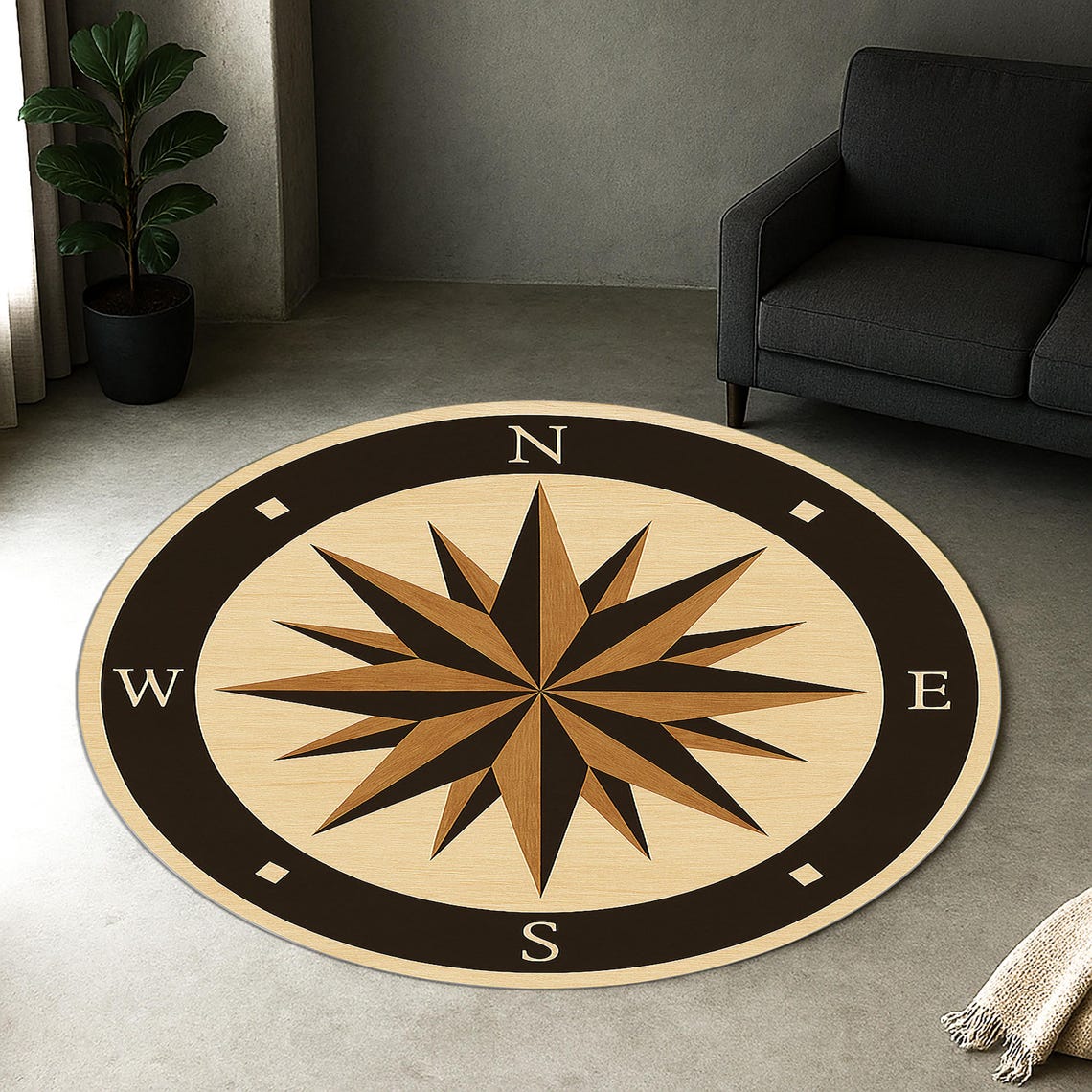 Rustic Compass Rose Round Rug – 16 Point Wind Rose Nautical Floor Decor ...