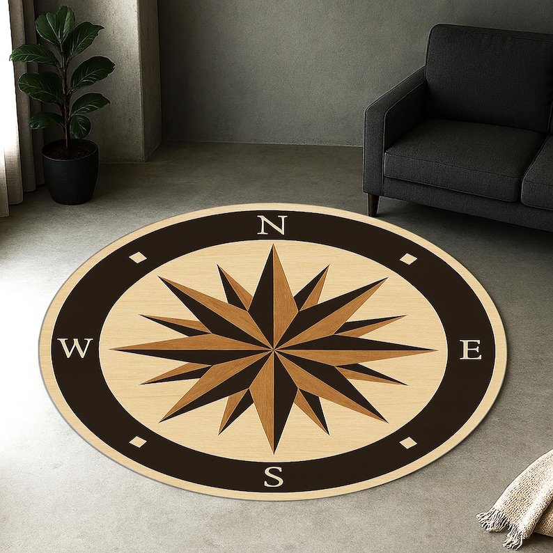Rustic Compass Rose Round Rug – 16 Point Wind Rose Nautical Floor Decor ...