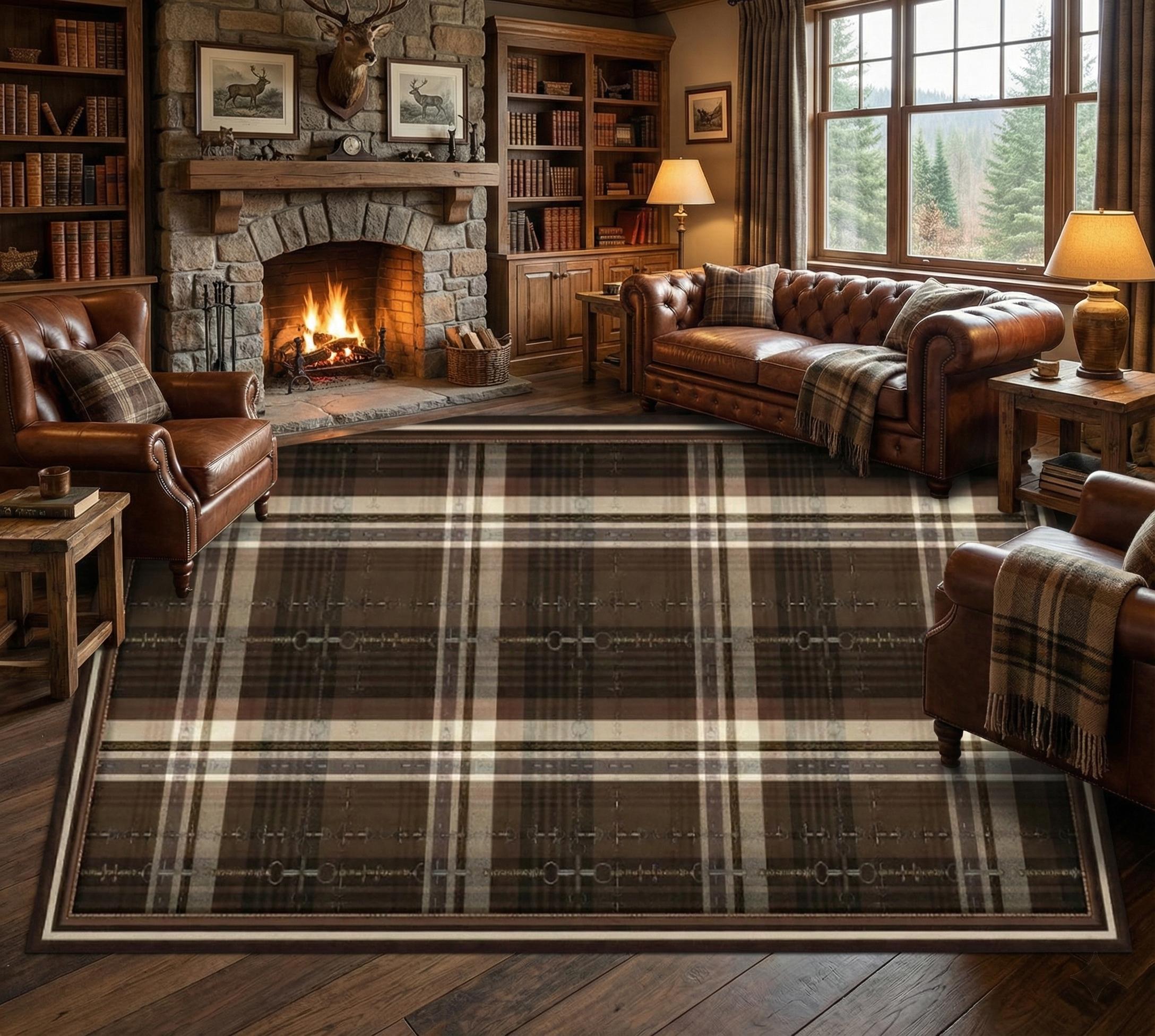 Equestrian Plaid and Snaffle Bit Indooroutdoor Rug – Brown Tartan Check ...