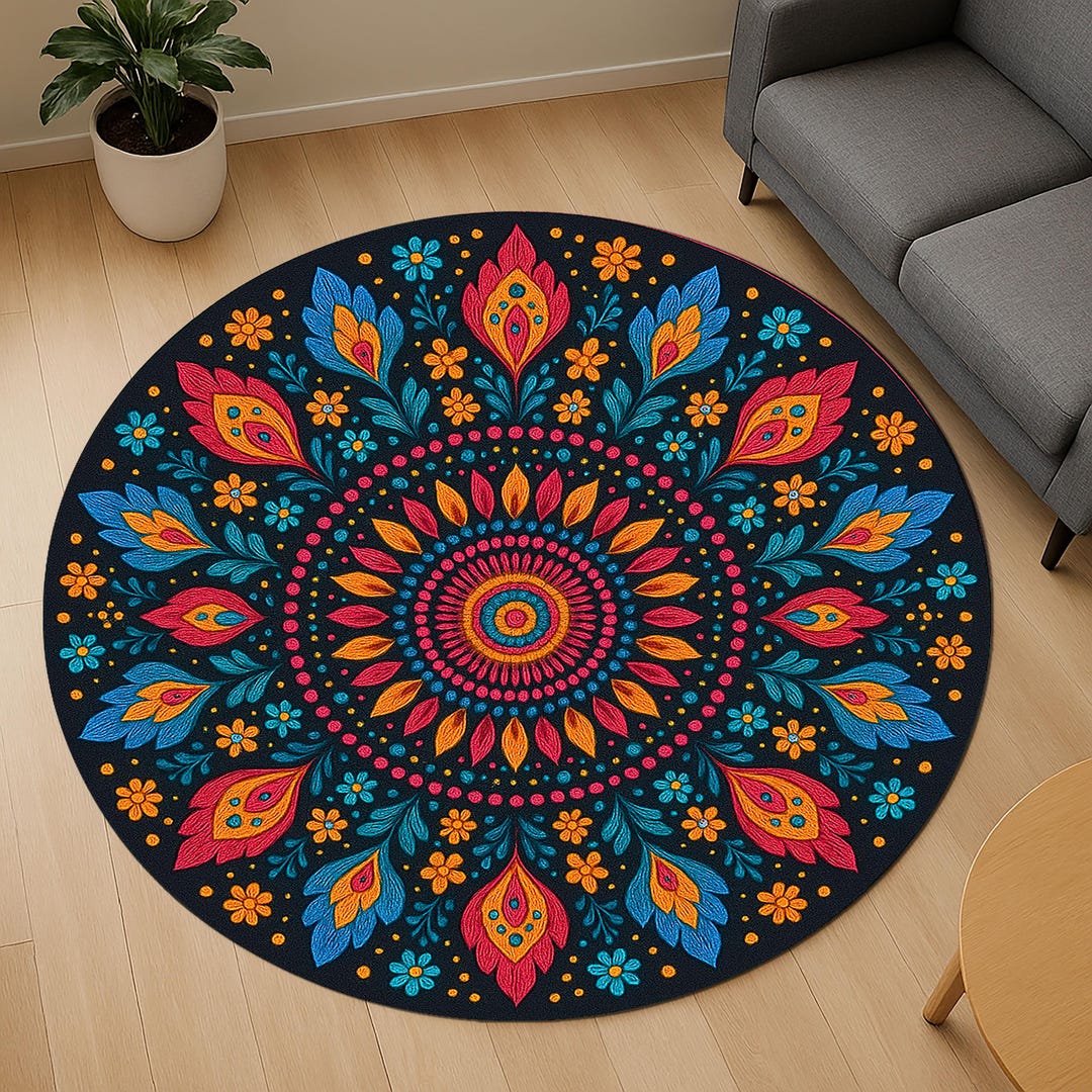 Colorful Mandala Rug – Bright Bohemian Round Area Rug – Ethnic Pattern ...