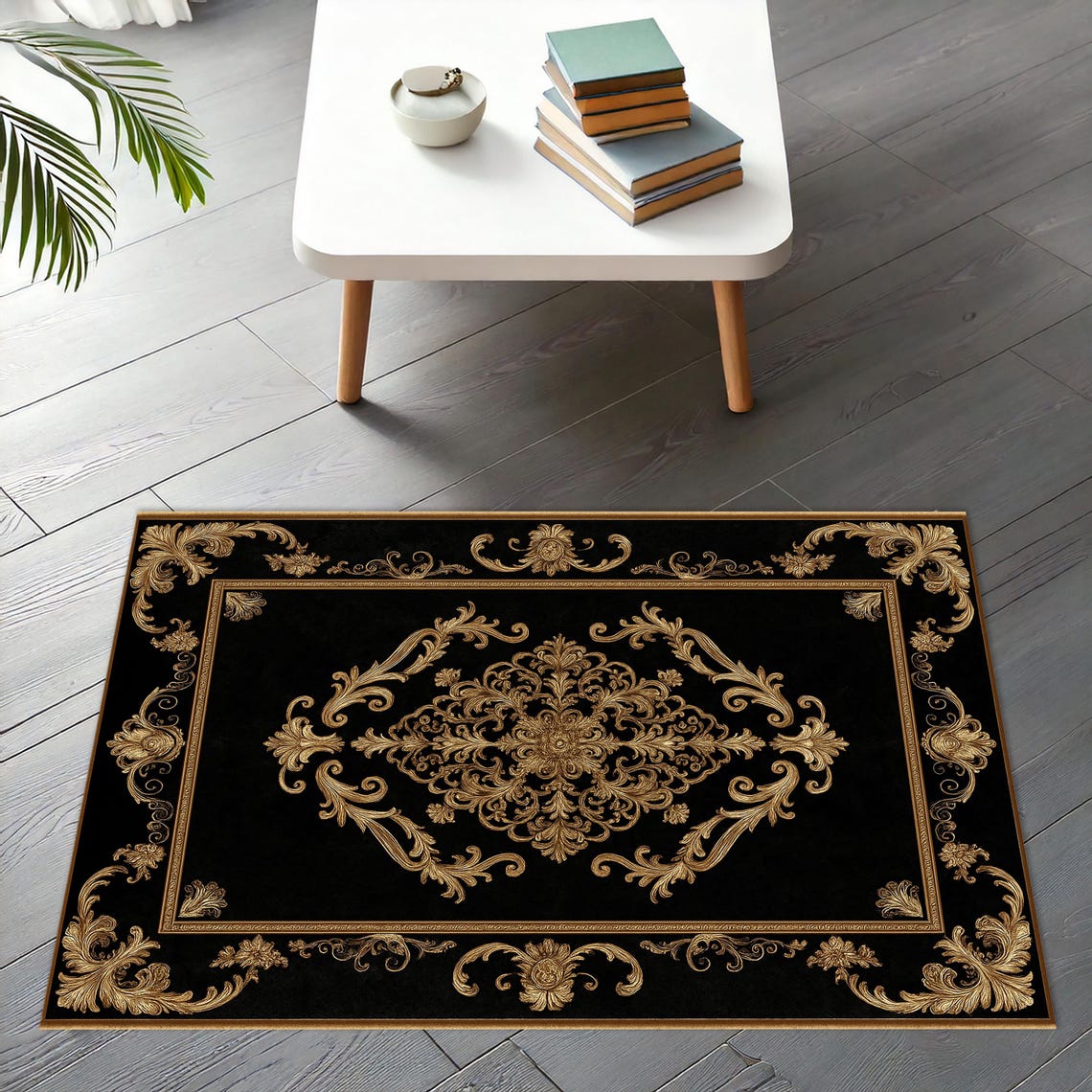 Luxury Rug Black Gold - Baroque Style Ornate Carpet - Elegant Vintage ...