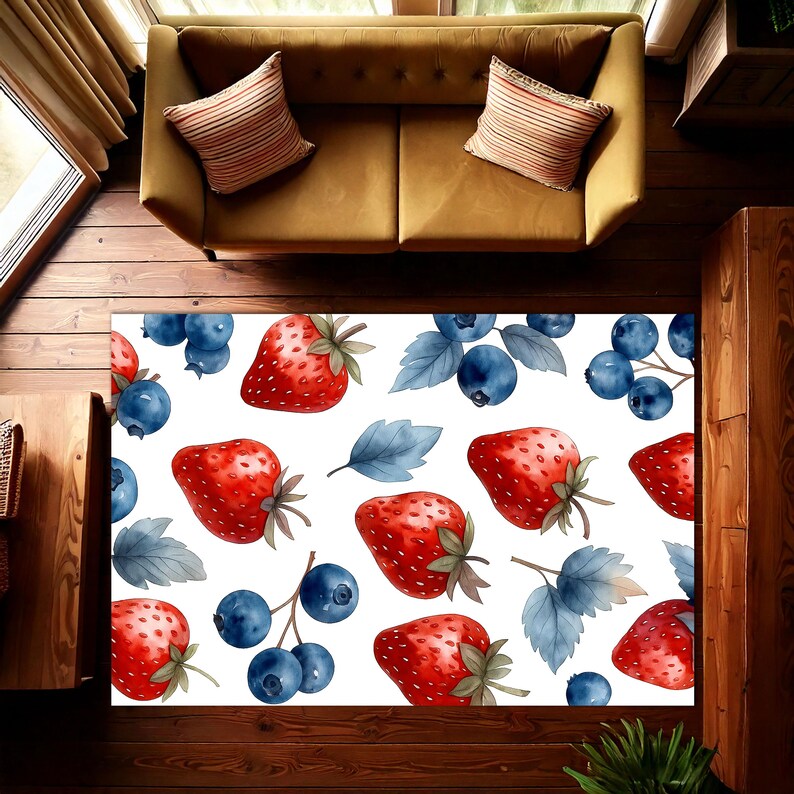 Watercolor Fruit Kitchen Rug – Cute Strawberry & Blueberry Design, Non ...