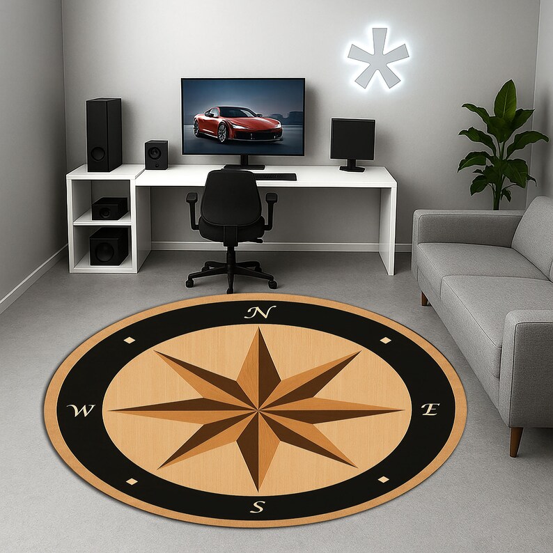 Compass Rose Round Rug – Nautical Compass Design Carpet – Vintage ...