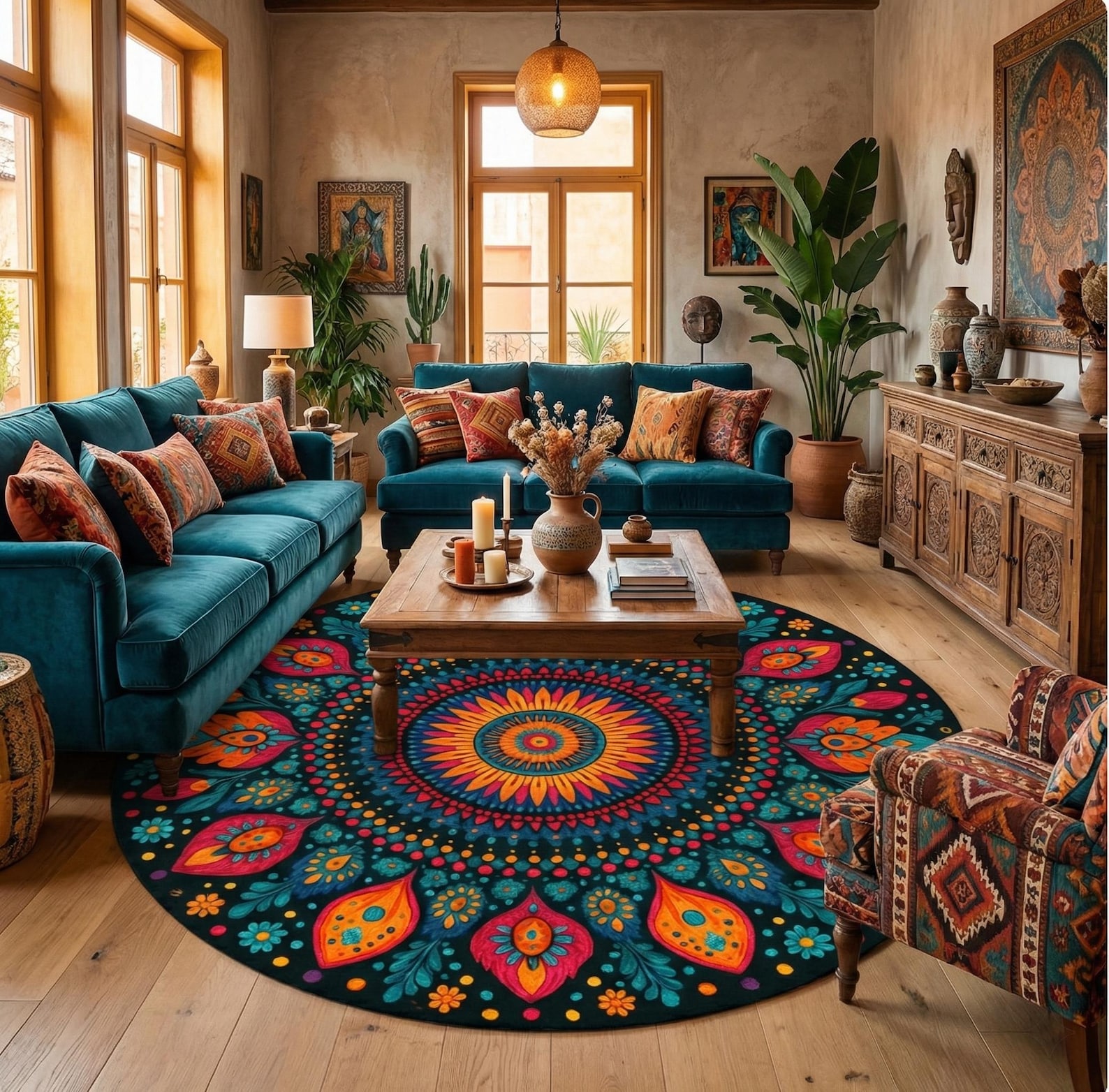 Orange and Teal Mandala Rug – Round Bohemian Psychedelic Floor Mat ...