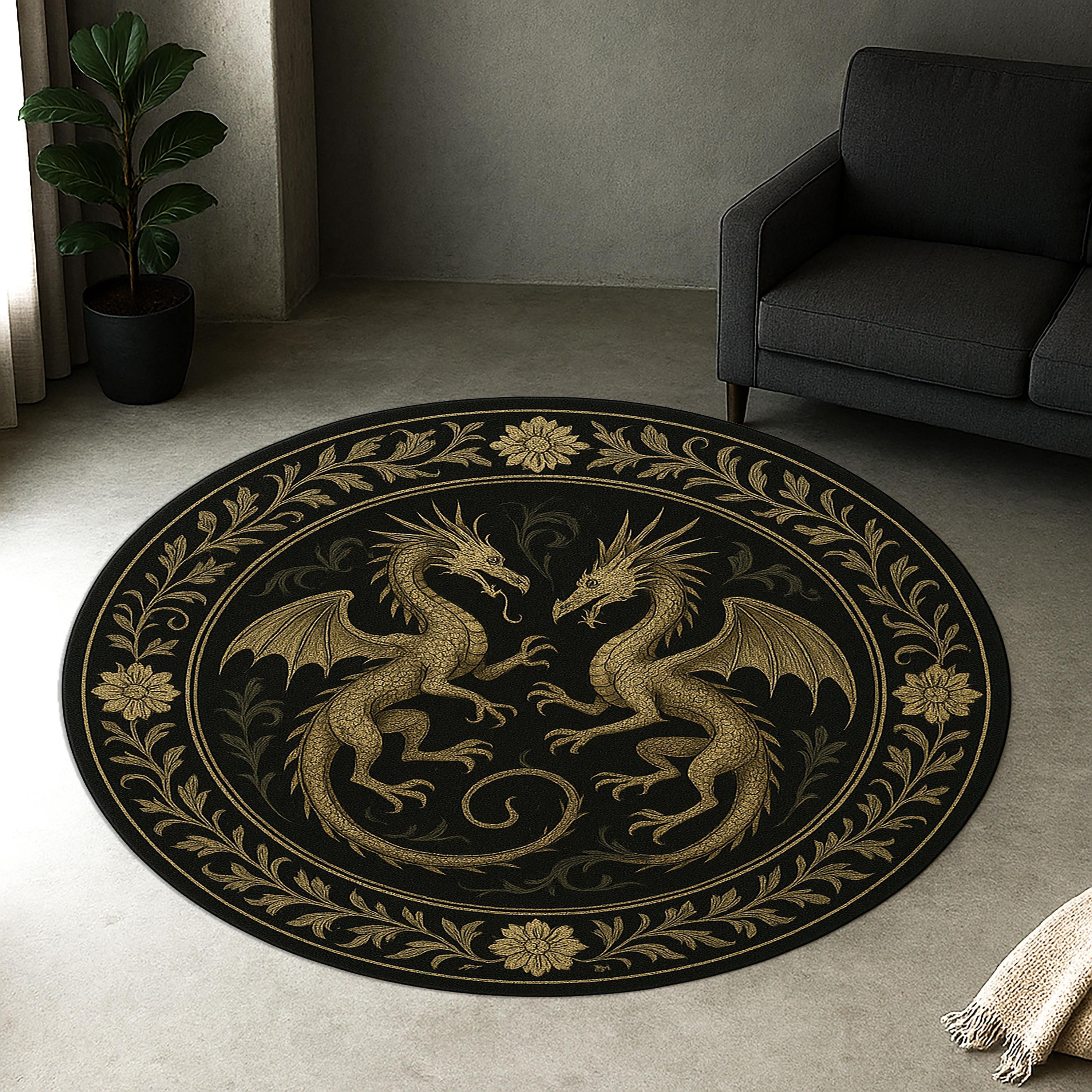 Twin Dragons Round Rug, Gothic Fantasy Area Rug With Floral Frame ...