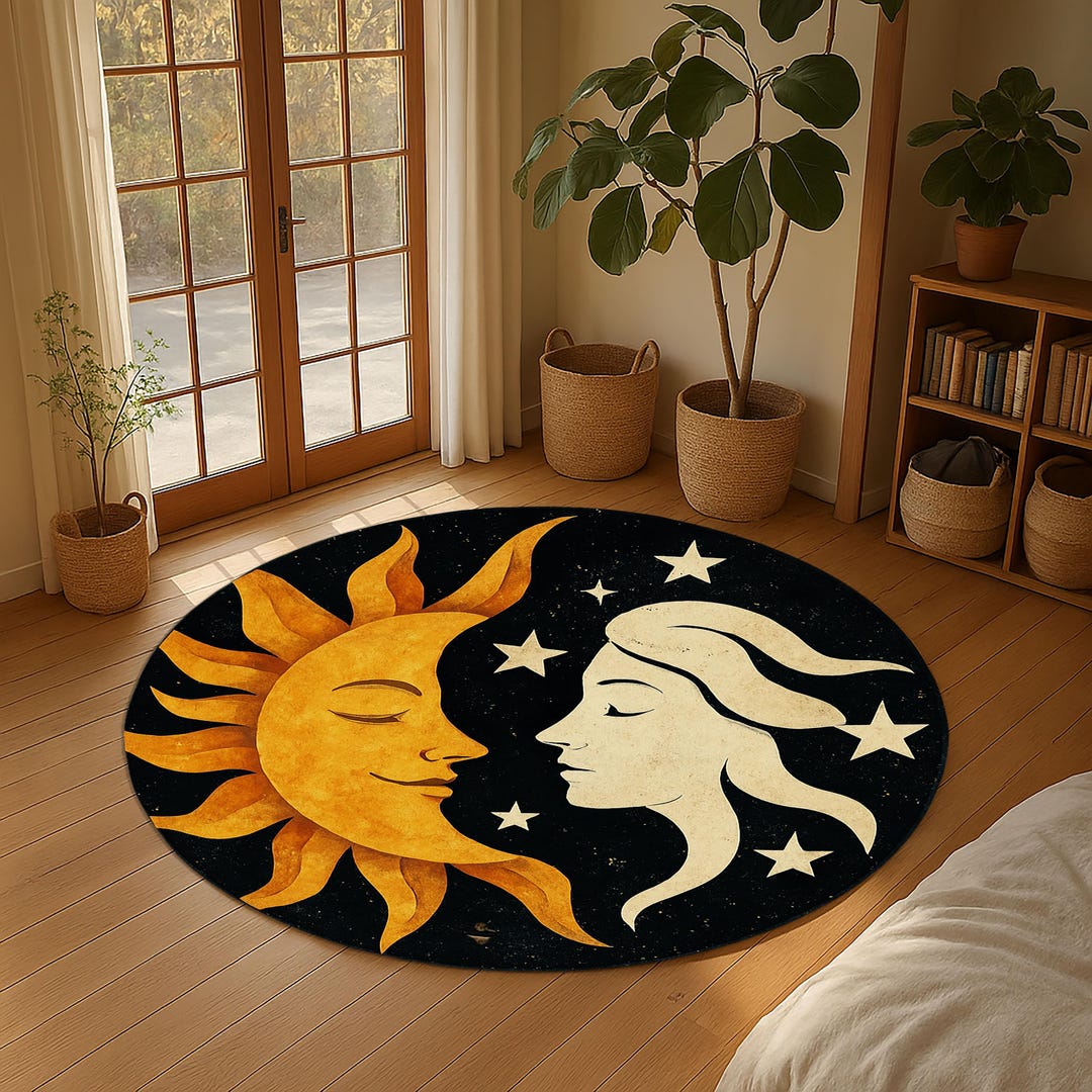 Sun and Moon Face Round Rug – Spiritual Celestial Bohemian Carpet ...
