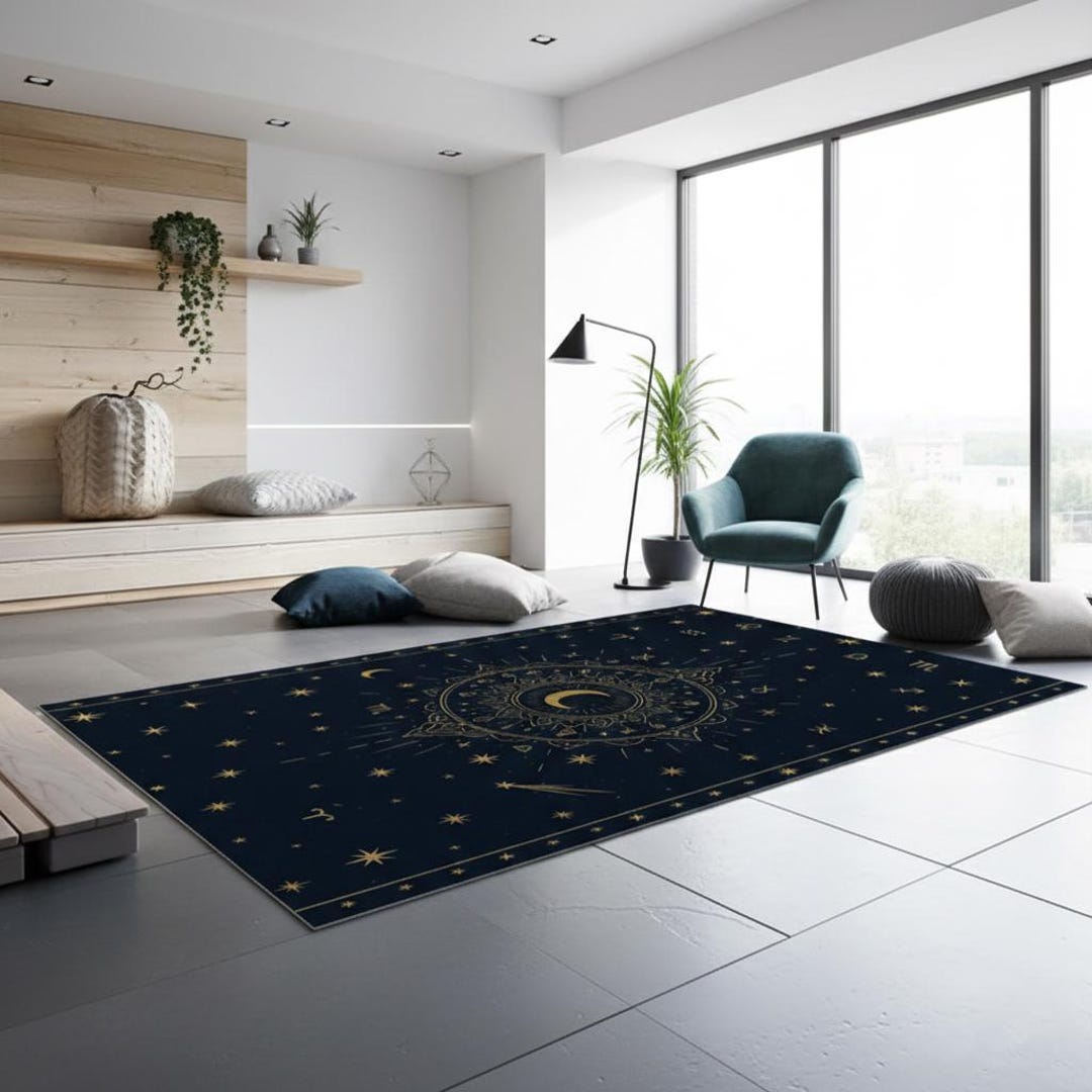 Celestial Zodiac Astrology Rug With Gold Constellations, Starry Sky ...