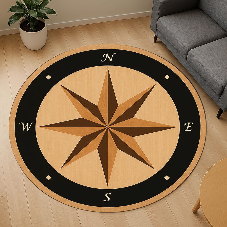 Compass Rose Round Rug – Nautical Compass Design Carpet – Vintage ...