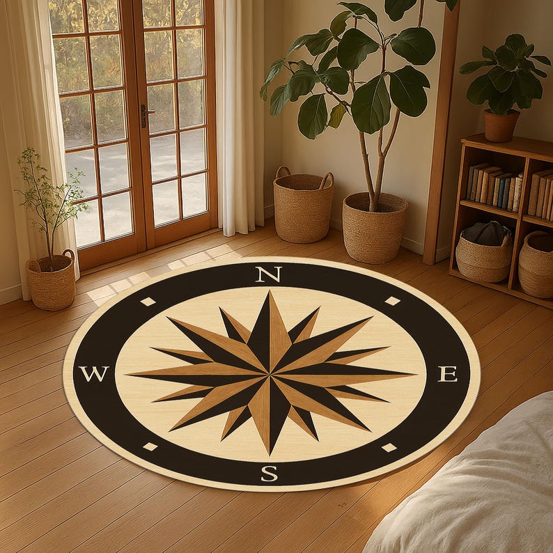 Rustic Compass Rose Round Rug – 16 Point Wind Rose Nautical Floor Decor ...