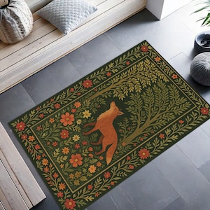 Boho Fox Woodland Rug, Whimsical Animal Forest Area Rug, Autumn Colors ...