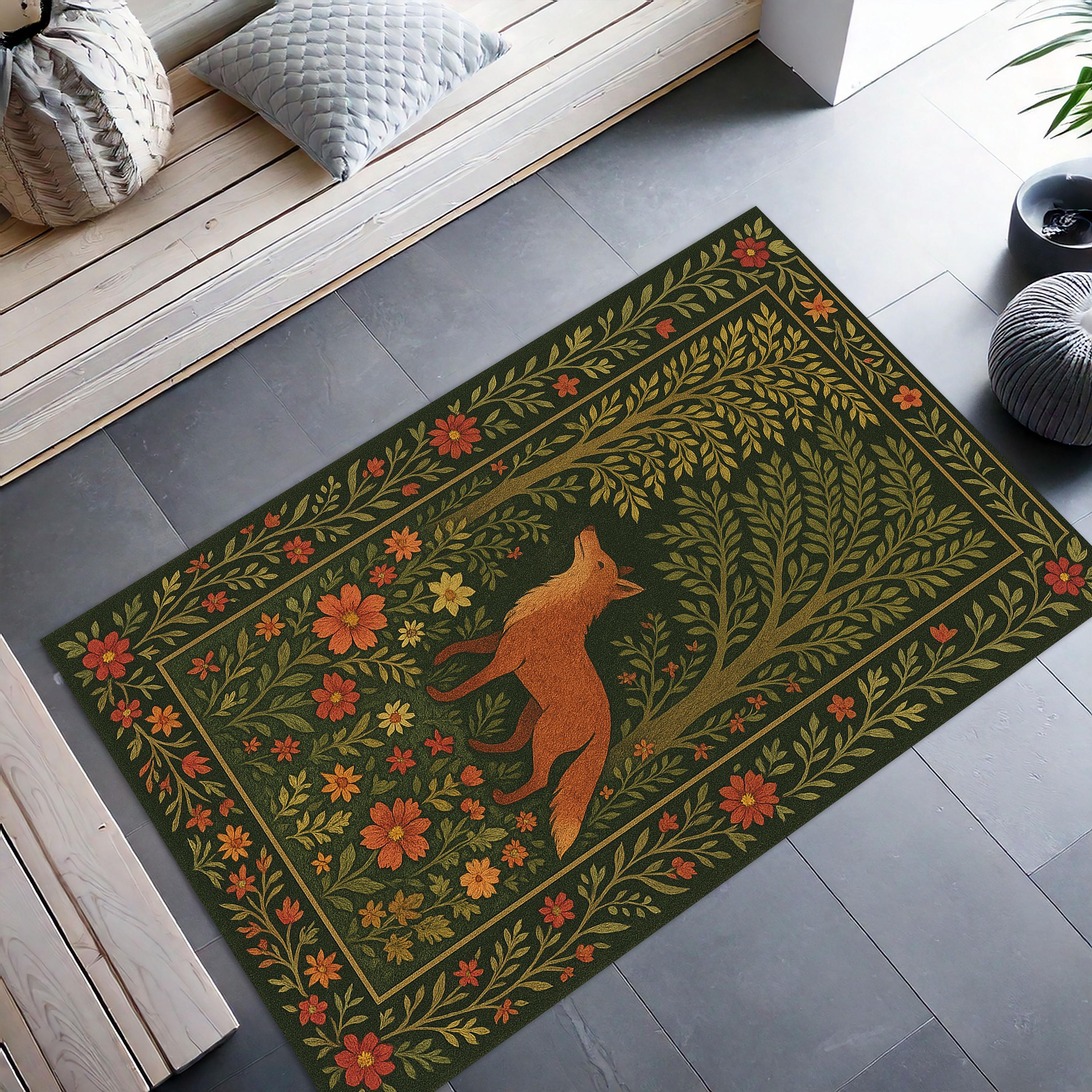 Boho Fox Woodland Rug, Whimsical Animal Forest Area Rug, Autumn Colors ...